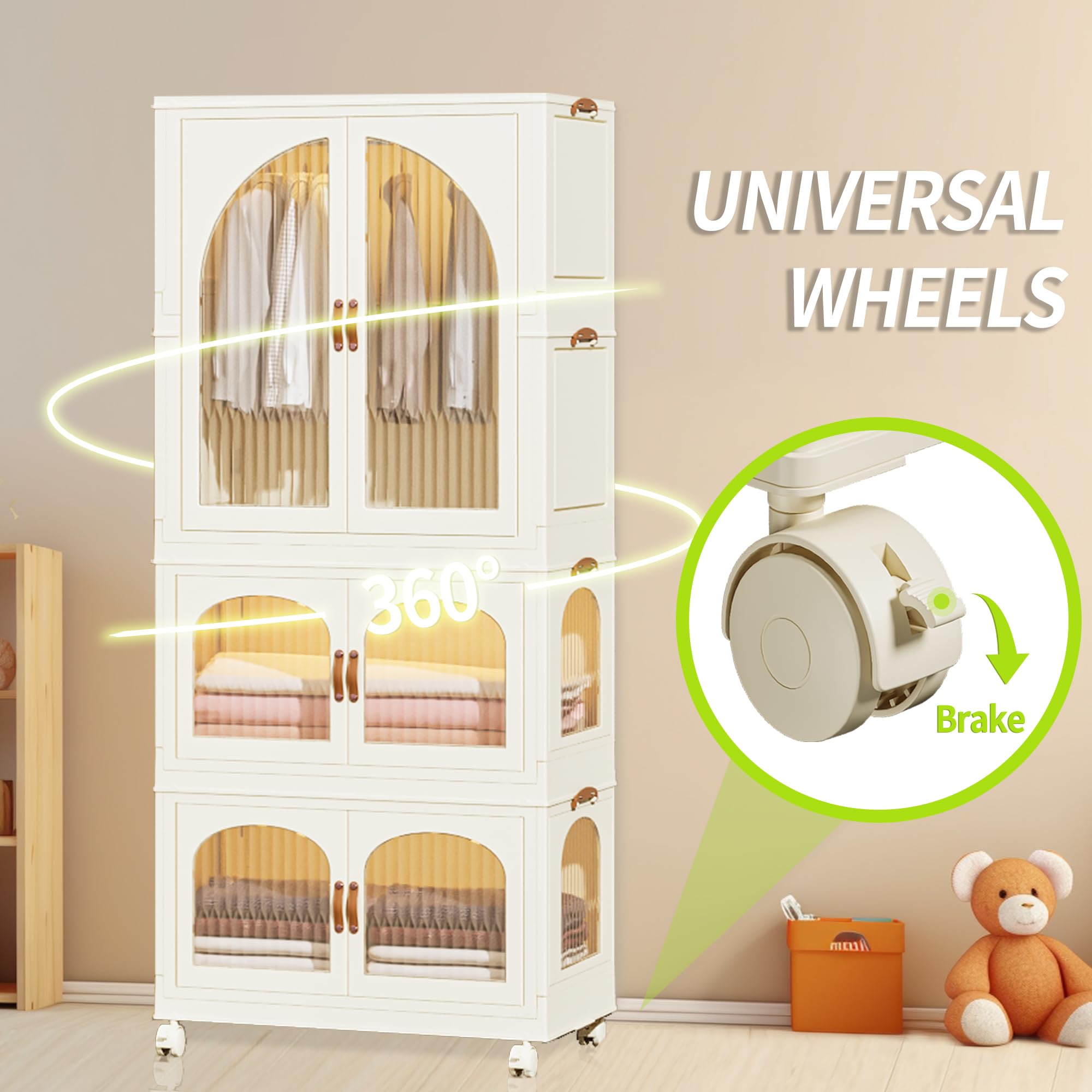 IVYROLL Stackable Storage Bins, Storage Bins with Lids, Plastic Storage Bins with Doors and Wheels, Collapsible Closet Organizers, 3 Pack Foldable Storage Box for Bedroom, Dorm Room