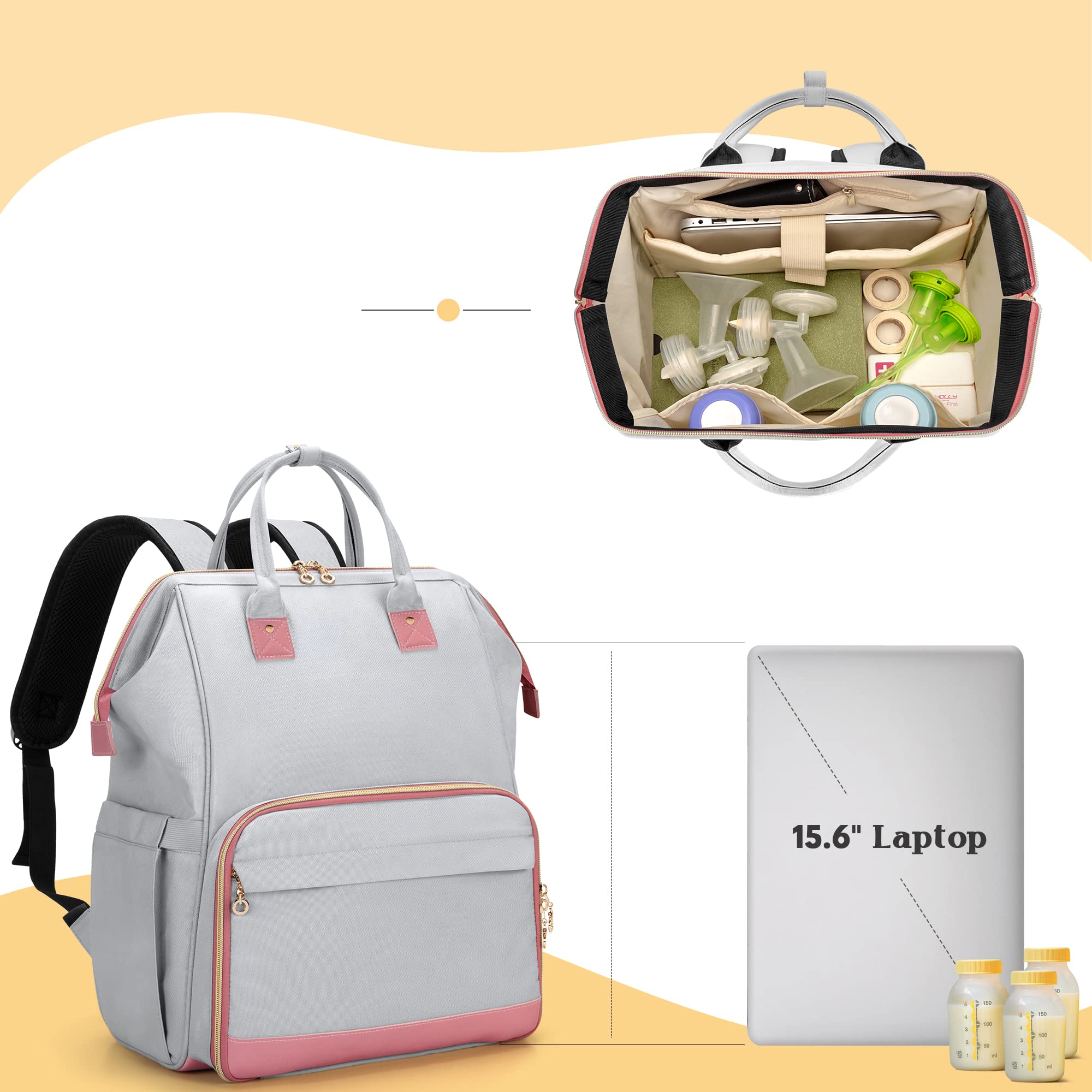 Fasrom Breast Pump Bag Backpack with Inner Divider, Pumping Tote Bag with Laptop Compartment for Working Moms, Gray with Pink (Empty Bag Only)
