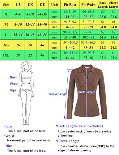 Kate Kasin Womens Polo Long Sleeve Sweater Scalloped V Neck Knit Tops Solid Ribbed Lightweight Pullover Shirts Coffee XL