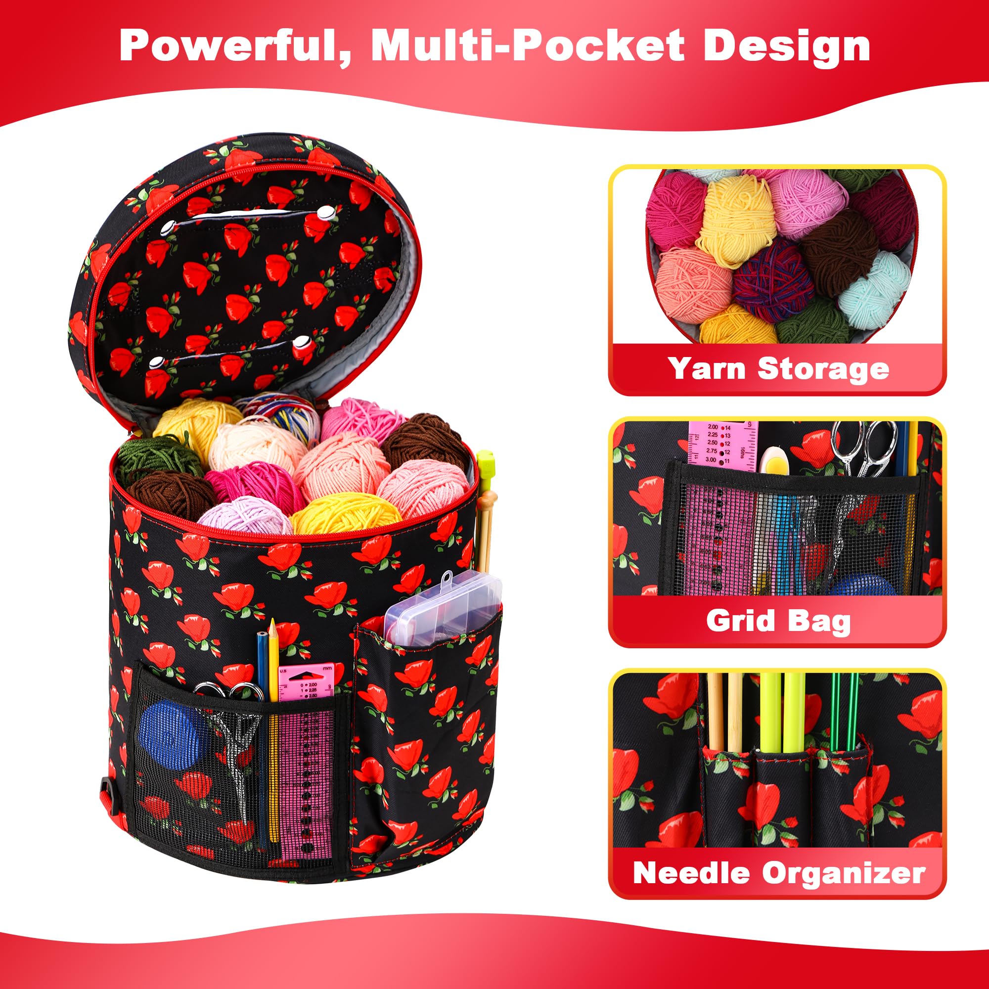 JOZEA Crochet Bag-Knitting Bag Yarn Storage Organizer - Yarn Bag and Crochet Tote, Yarn Holder for Crocheting, Crochet Accessories(Seductive Roses)