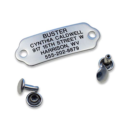 Rivet-On Pet ID Tag, Silent, Personalized and Customized Dog ID Tag That Rivets Directly onto Collar, Mirror Finish Stainless Steel, Size: Medium