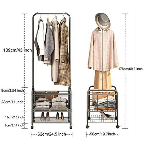 Laundry Cart with Clothes Rack,Rolling Laundry Hamper Basket Cart with Metal Wire Storage Rack and Hanging Rack ,Laundry Butler Garment Rack Storage Rack
