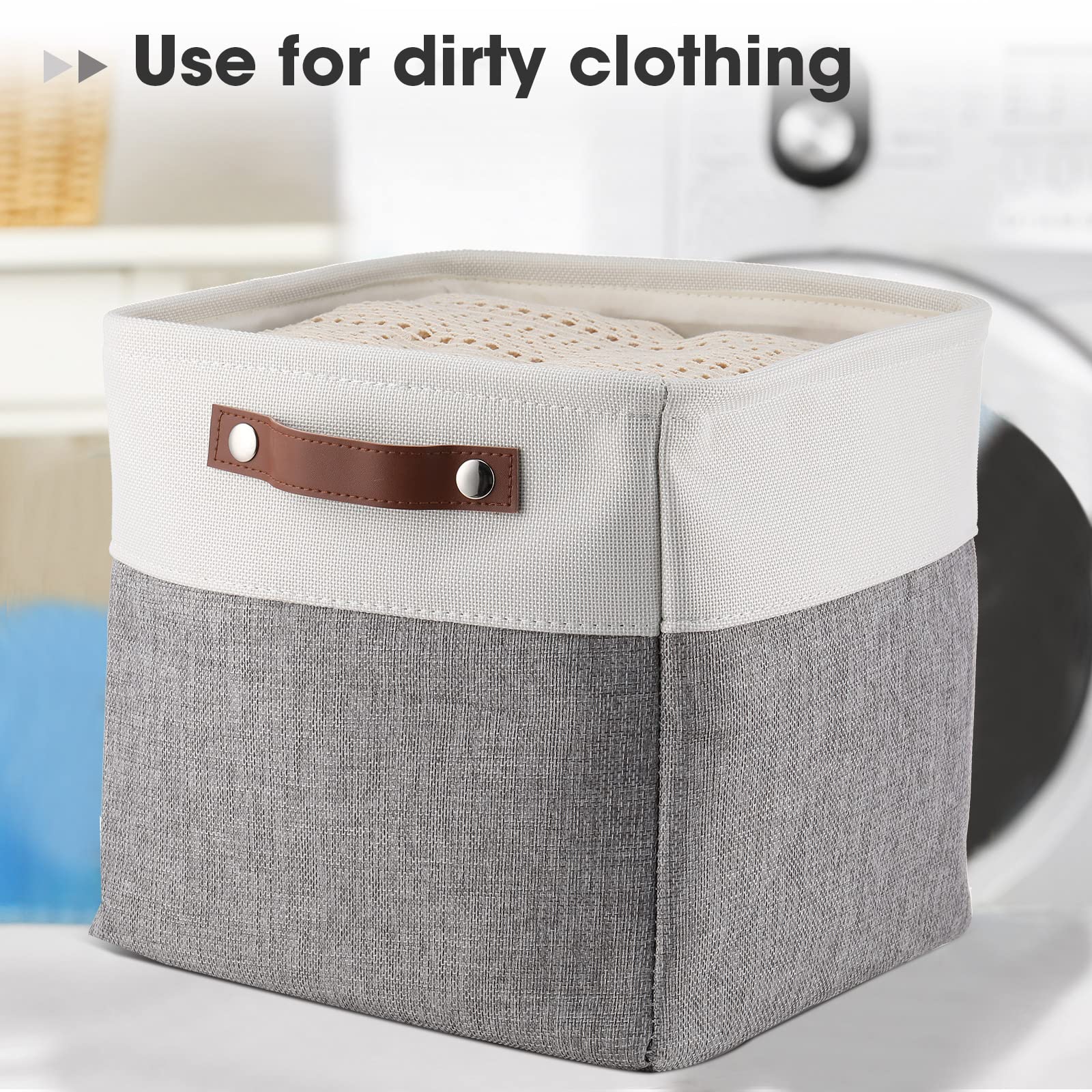Foaincore 8 Pack Foldable Storage Cubes Baskets, Fabric Cube Storage Bins Collapsible Storage Basket with Leather Handles for Toy Clothes Kids Room Closet Nursery Storage(Beige)