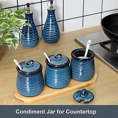 Hasense Porcelain Condiment Jar,10oz Spice Container with Lid Spoon and Bamboo tray,Small Salt Sugar Pepper Seasoning Pots Box Set of 3,Ceramic Condiment Container for Home kitchen Counter(Blue)
