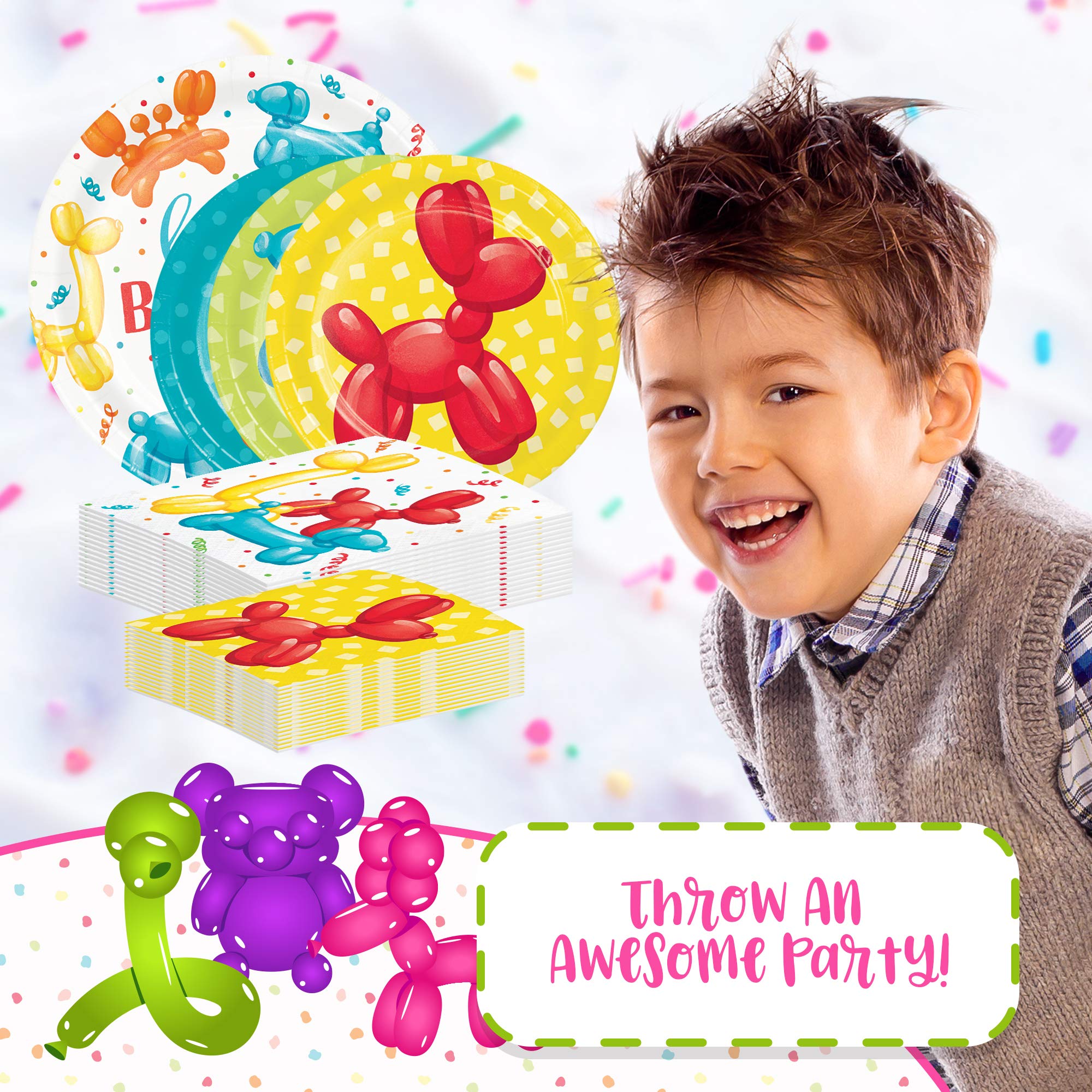 Creative Converting Balloon Animals Dinnerware Party Bundle | Luncheon & Beverage Napkins, Luncheon & Dinner Plates | Colorful Birthday Party for Kids Primary Colors