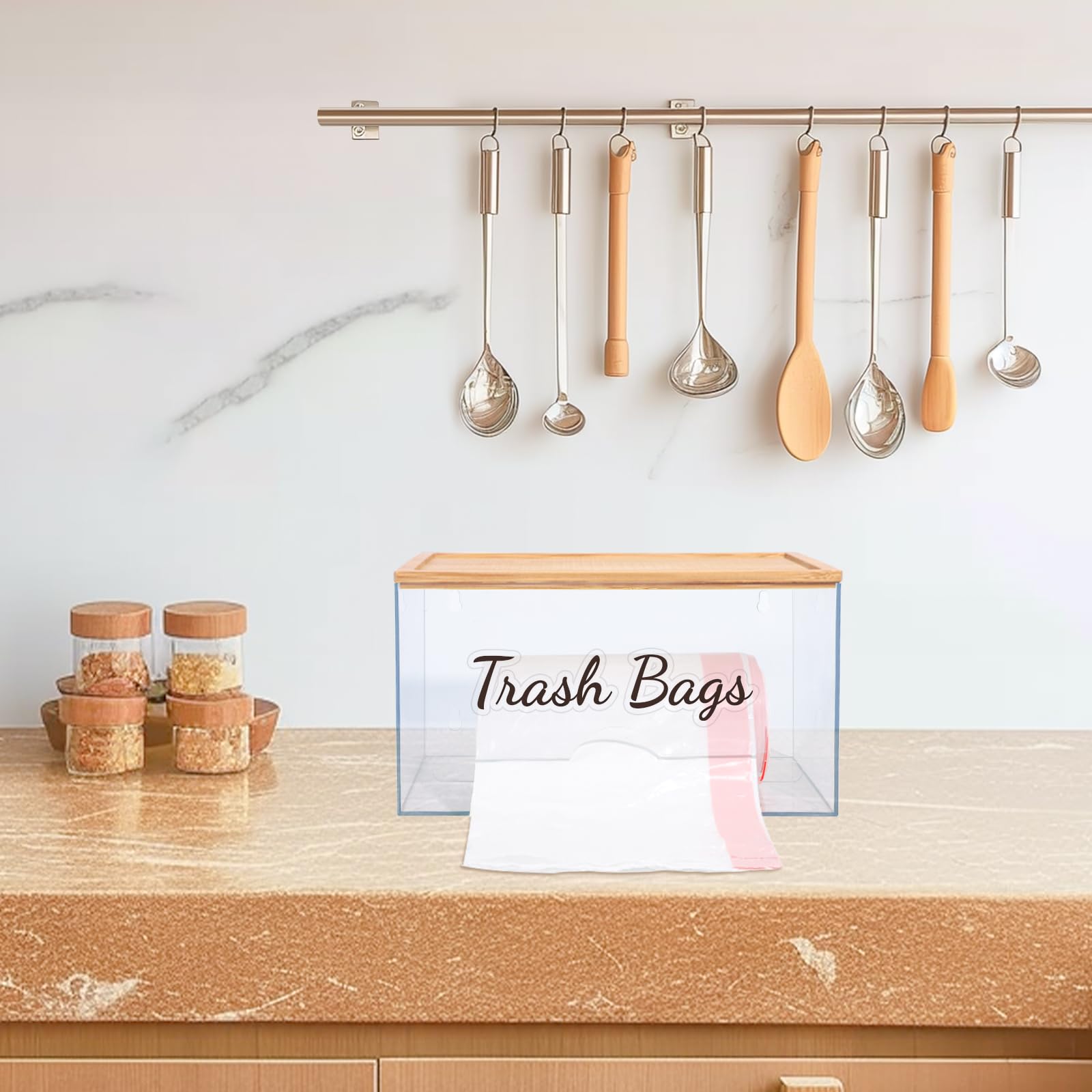 JYPS Trash Bag Holder Dispenser Organizer With Bamboo Lid, Wall Mounted, Garbage Bag Dispenser Holder, Trash Bag Dispenser Standrad Roll Holder for Kitchen Organization, Under Sink