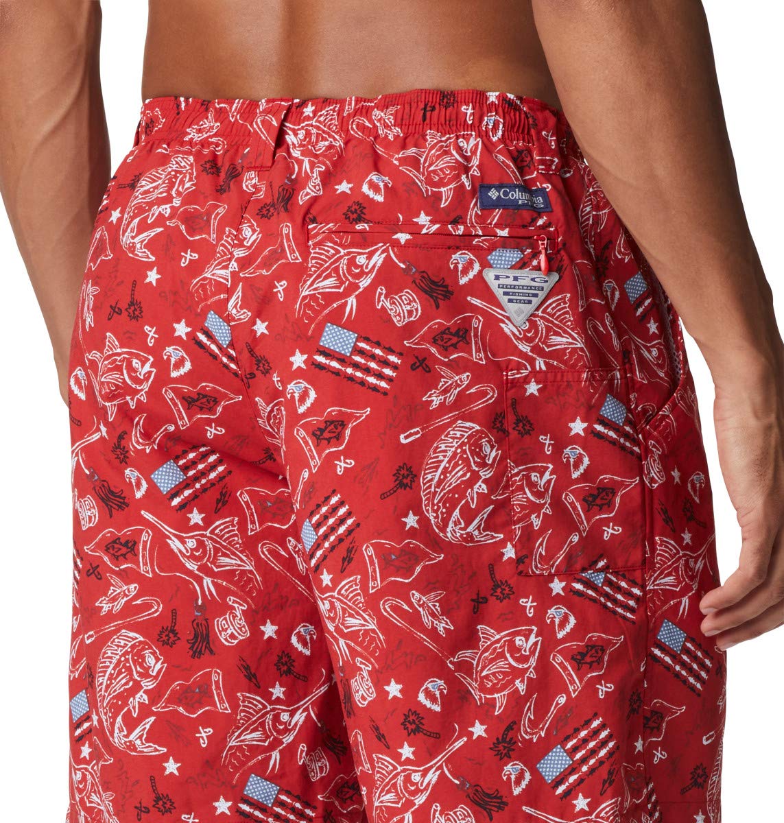Columbia PFG Men’s Super Backcast Water Shorts, Quick Dry, Sun Protection, Red Spark Americana Fishing Print, Medium