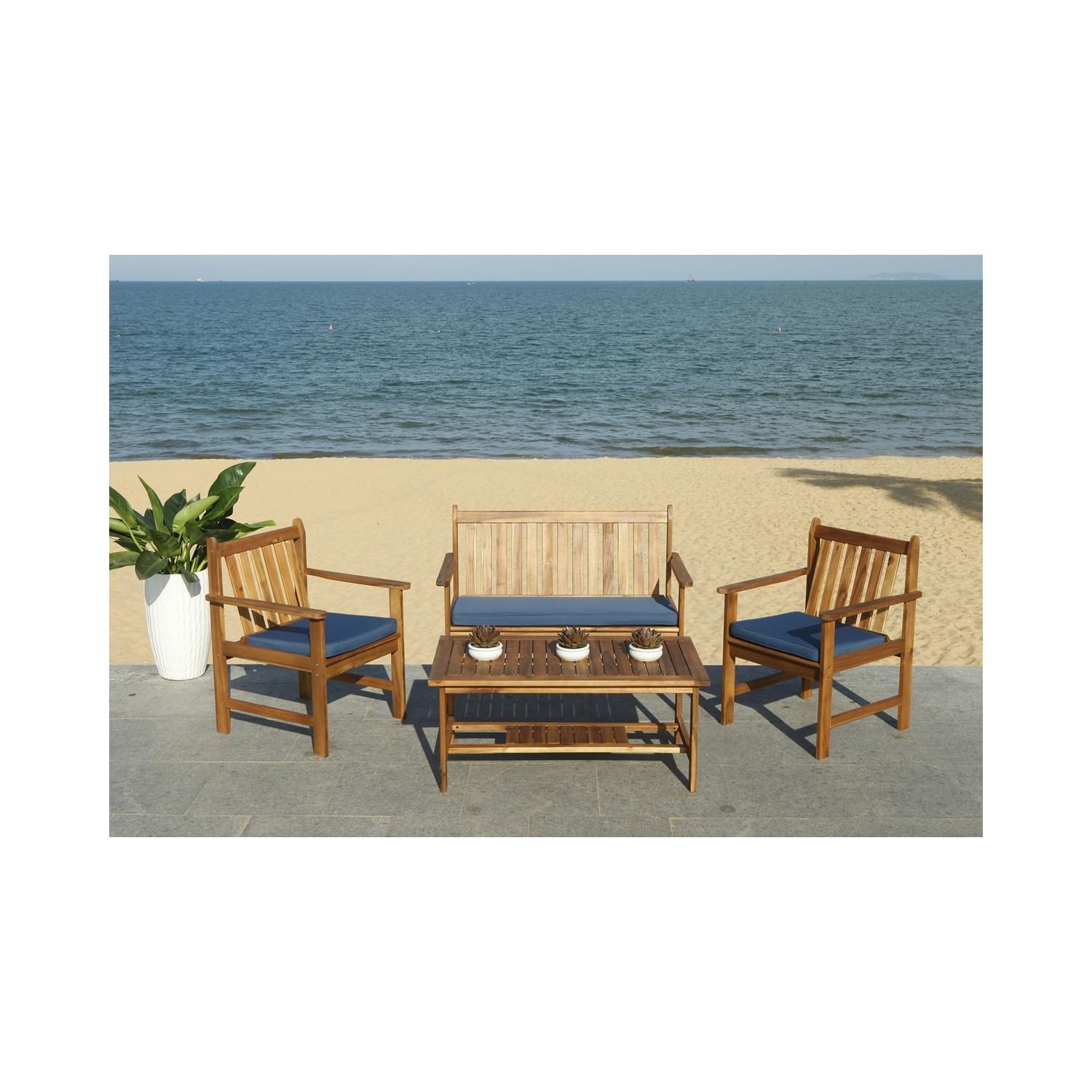 SAFAVIEH Outdoor Collection Burbank Teak and Navy 4 Pc Outdoor Set