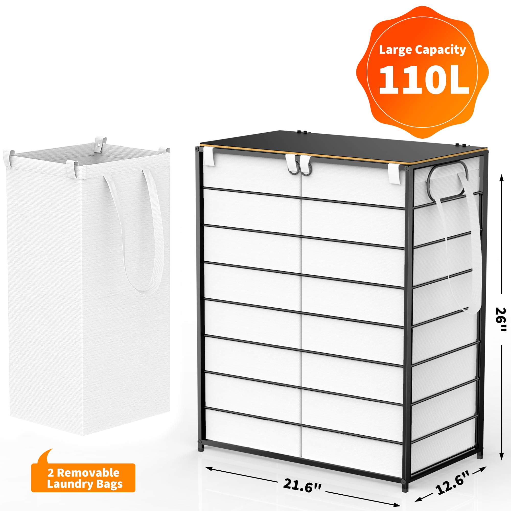 Laundry Hamper with Lid 2 Section, Double Laundry Basket Separation Organizer with Cover, Dirty Clothes Hamper, Large Capacity Iron-Made Laundry Sorter Laundry Room Organization