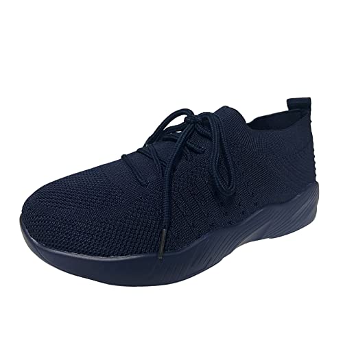 FASDNENDYS Ladies Fashion Solid Color Mesh Breathable Round Toe Lace Up Low Top Flat Beach Shoes Dark Blue