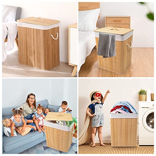 Laundry Hamper Bamboo, Large Clothes Storage Basket with Lid and Removable Liner, Freestanding Dirty Clothes Hamper Bin, Laundry Basket Organizer for Clothes Toys in the Dorm and Family