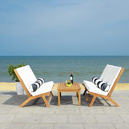 SAFAVIEH Outdoor Collection Chaston Natural and Beige 4-Piece Set with Black & White Pillows