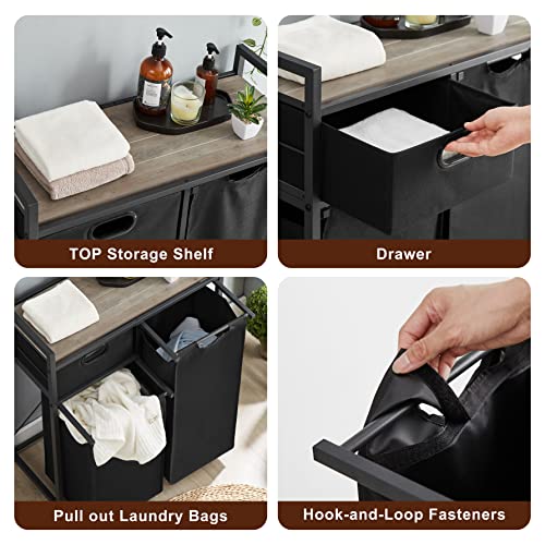 Laundry Hamper Cart, Laundry Basket with Shelf Laundry Sorter 2 Section with Wheels Metal Frame Removable Bags and 1 Drawer, Organization Storage with Handles for Dirty Clothes Hampers(Grey)