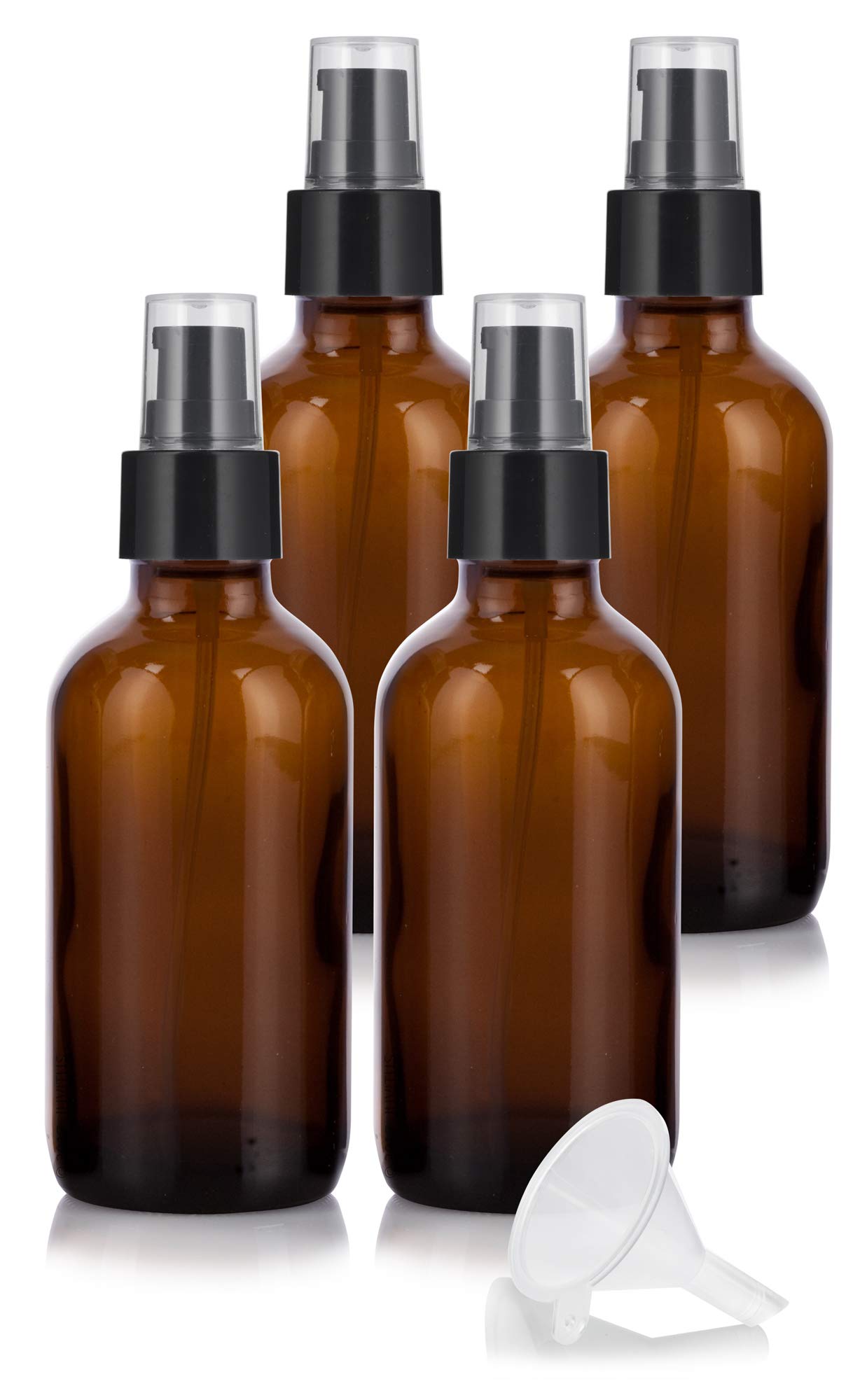 JUVITUS 4 oz Amber Glass Boston Round Bottle with Black Treatment Pump (4 pack) + Funnel