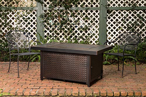 Fire Sense 62750 Weyland Hammered Aluminum Convertible Gas Fire Pit Table 55000 BTU Multifunctional Outdoor Firepit with Fire Bowl Lid, Nylon Cover & Clear Fire Glass Bronze Finish - Rectangular 48"