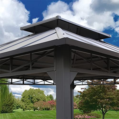 CZDYUF 12 Ft. X 10 Ft. Black 2-Tier Double Roof Metal Hard Top Gazebo with Curtains and Netting