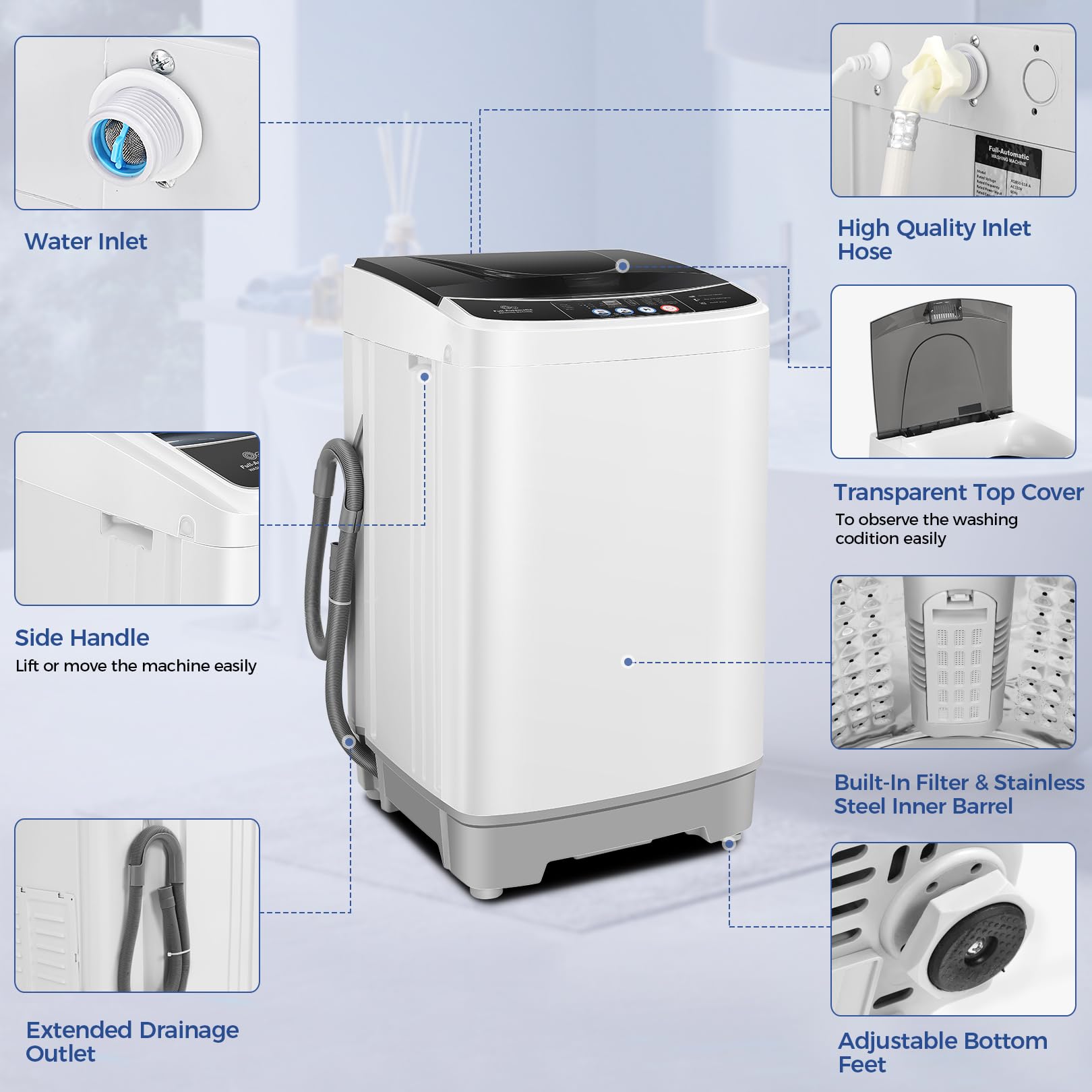 Nictemaw Portable Washing Machine, 15.6Lbs Capacity Full-Automatic Portable Washer, 2.1Cu.ft Washer and Dryer Combo with Drain Pump, 10 Wash Programs & 8 Water Levels for Apartment, Dorms, RV