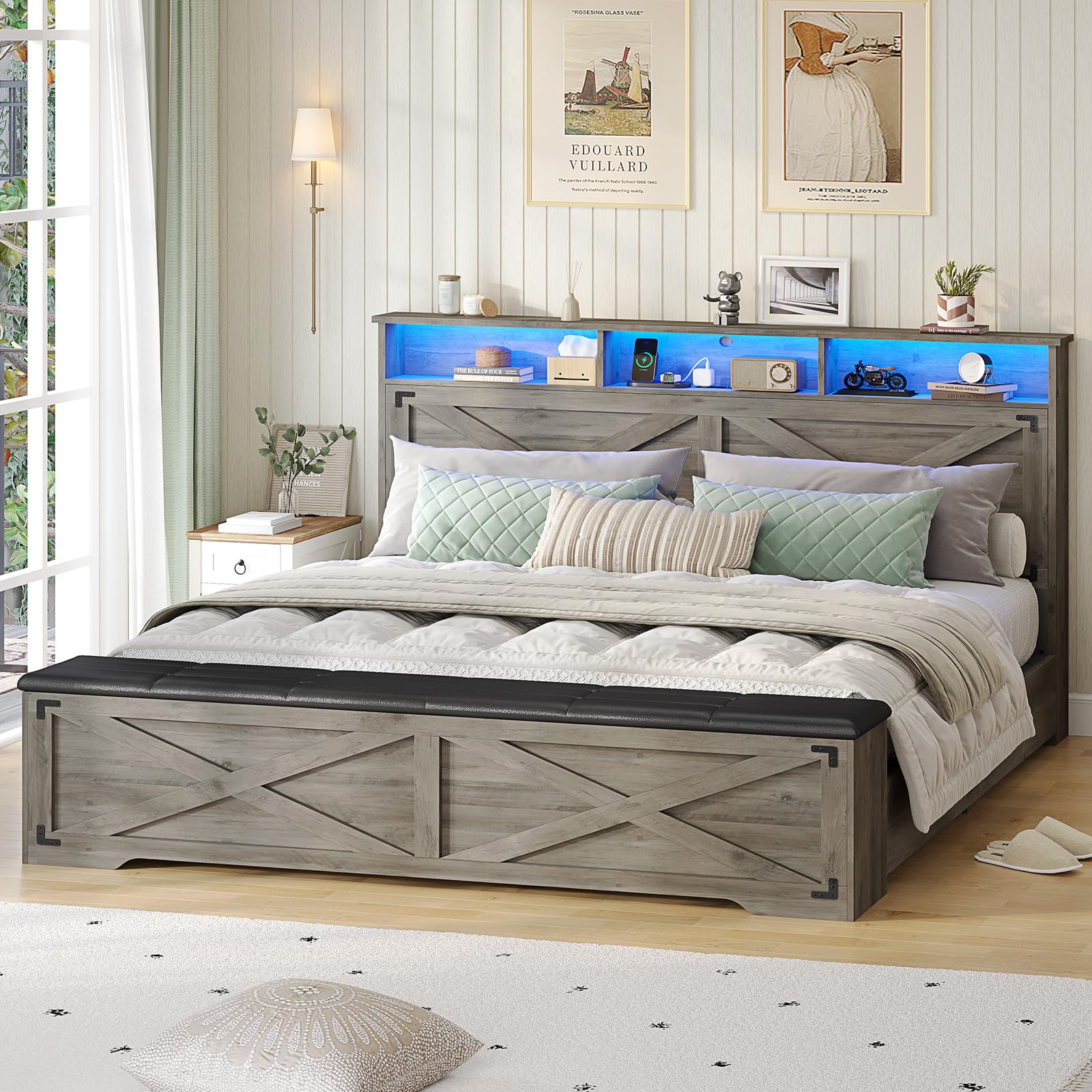 Hasuit Queen Size Bed Frame with Storage Ottoman, Farmhouse Bed Frame with Charging Station and Led Light, Headboard with Storage Rack, Metal Slats, No Noise Design, No Box Spring Needed,Oak Grey