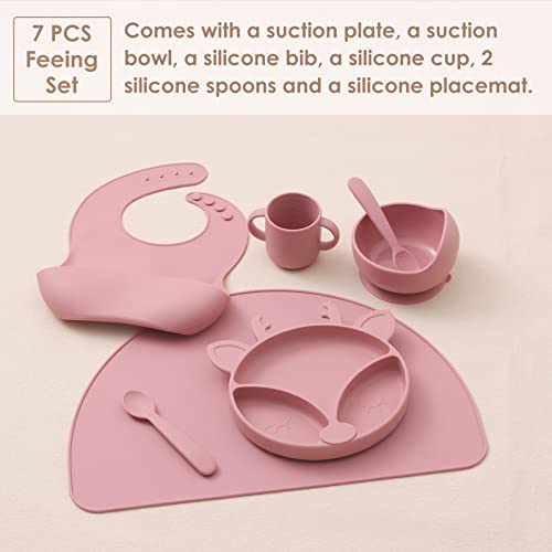 ROCCED Silicone Baby Feeding Set Baby Led Weaning Supplies Toddler Dish Set First Stage Solid Food Eating Utensil, Suction Plates with Spoons Baby Suction Bowls Bibs Cups Placemat- 6M+ Sage