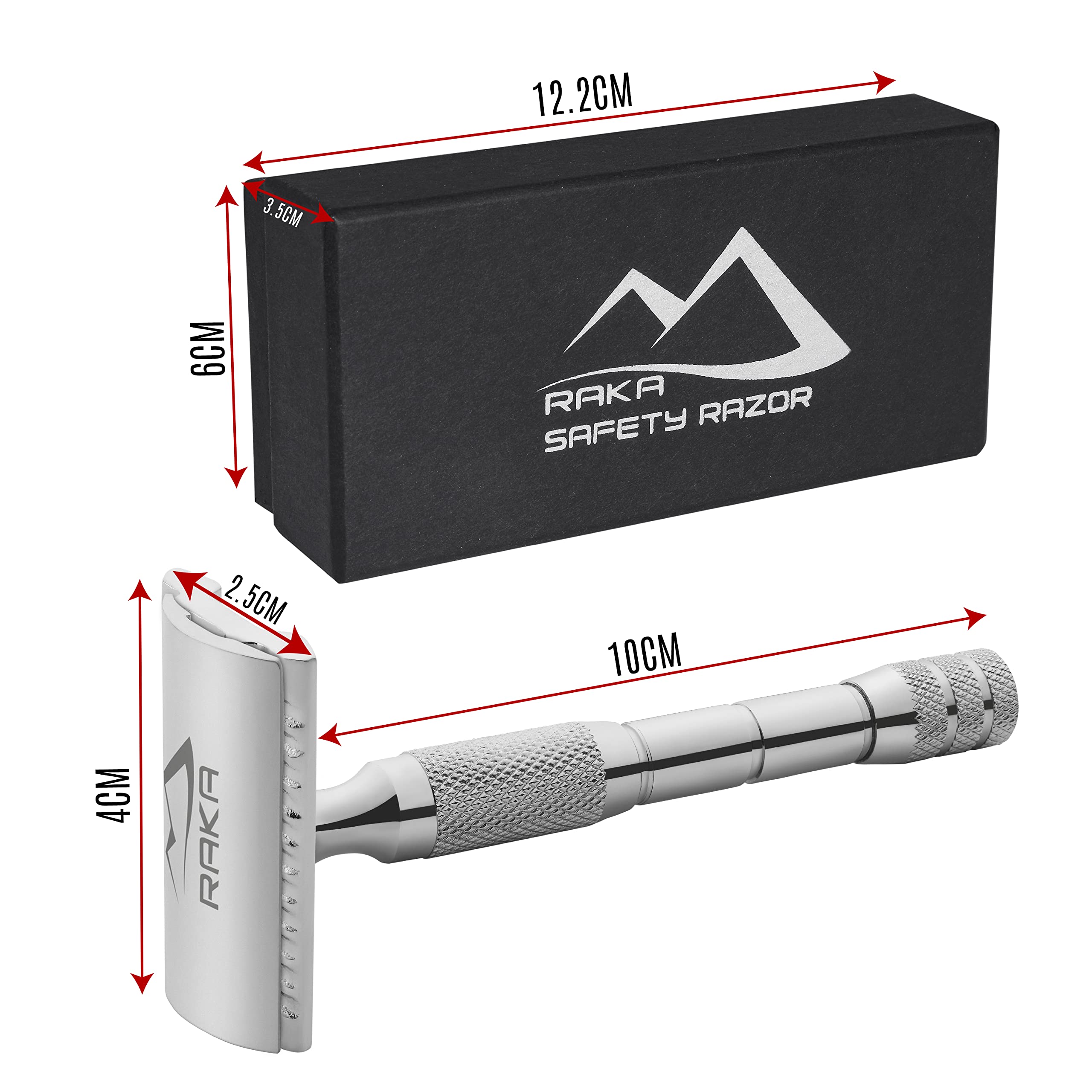 Raka Long Handle Double Edge Safety Razor for Men With Extra Free Open Comb - Twist to Razors, Along 10 stainless Steel Blades better shaving experience, silver, 12 Piece Set