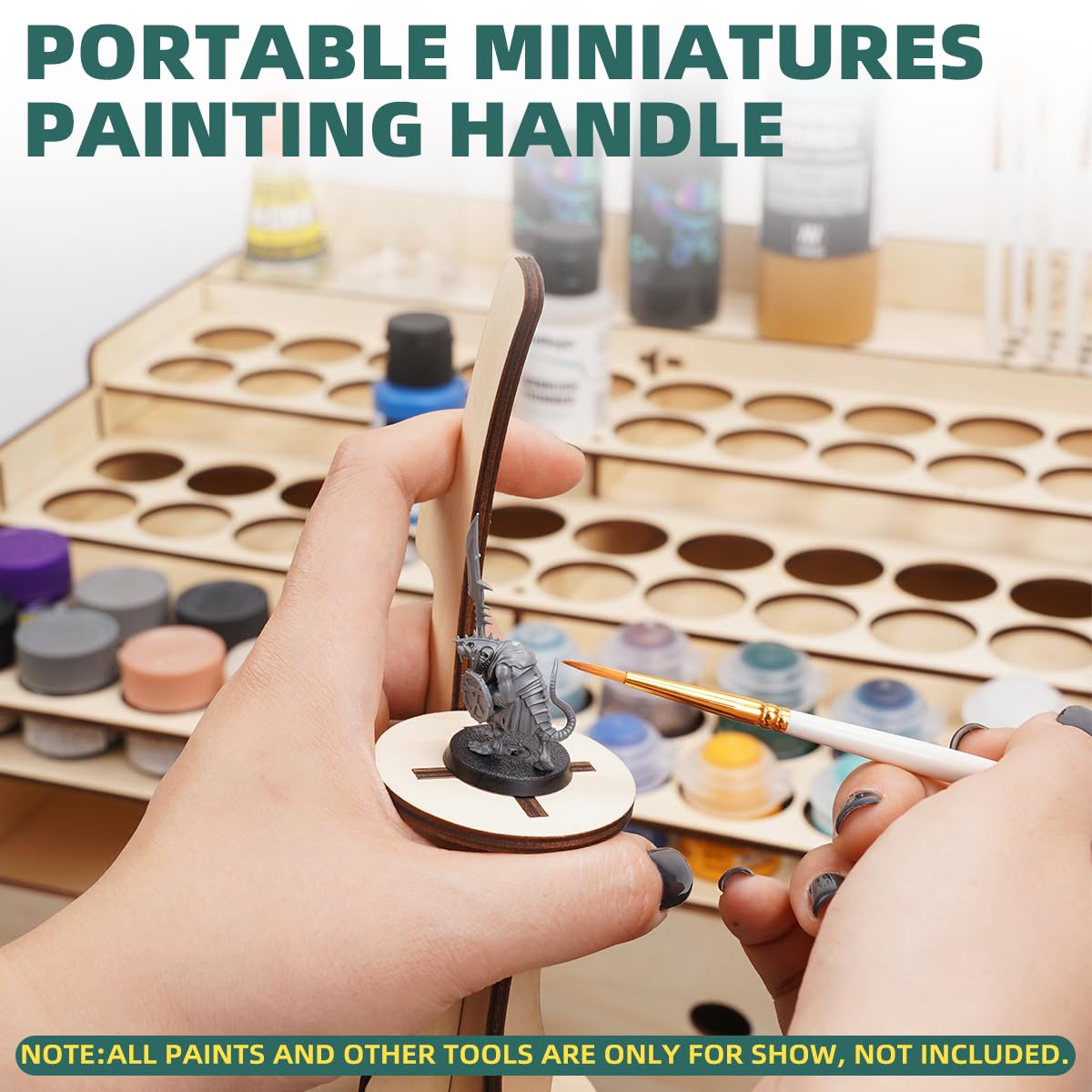 OPHIR Wooden Paint Organizer, Miniature Paint Holder Storage Rack for 60 Acrylic Model Paint Bottles with 2 Drawers, 2 Painting Handle, 25 Paint Brush Holes and 1 Brush Holder for Miniature Paint Set