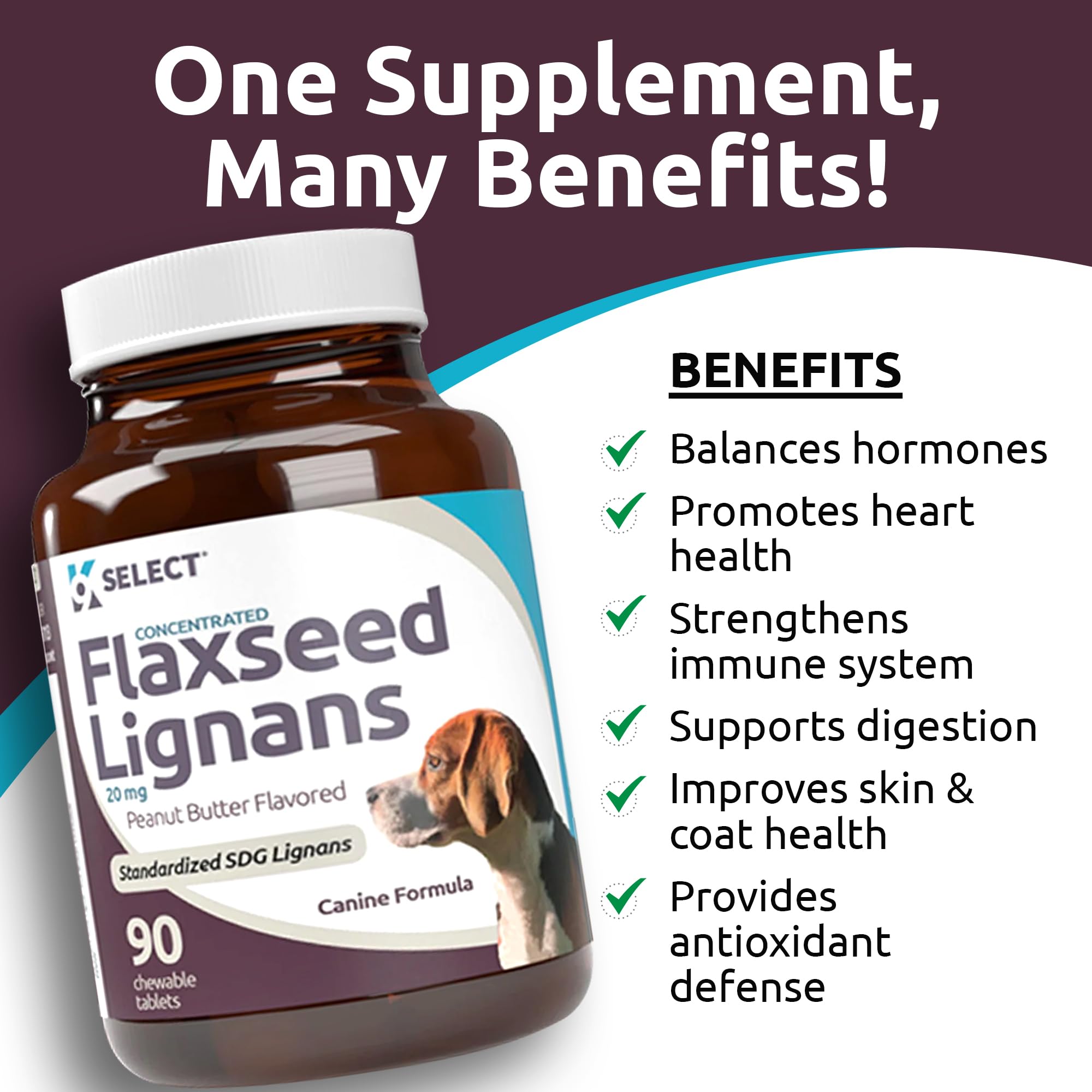 K9 Select Concentrated Flaxseed Lignans for Dogs, 20mg 90 Tablets, Flax Seed Natural Tablets, Peanut Butter Flavored Chewable Tablets, Natural Flaxseed Lignans for Dogs, Flax Impove Dog's Coat
