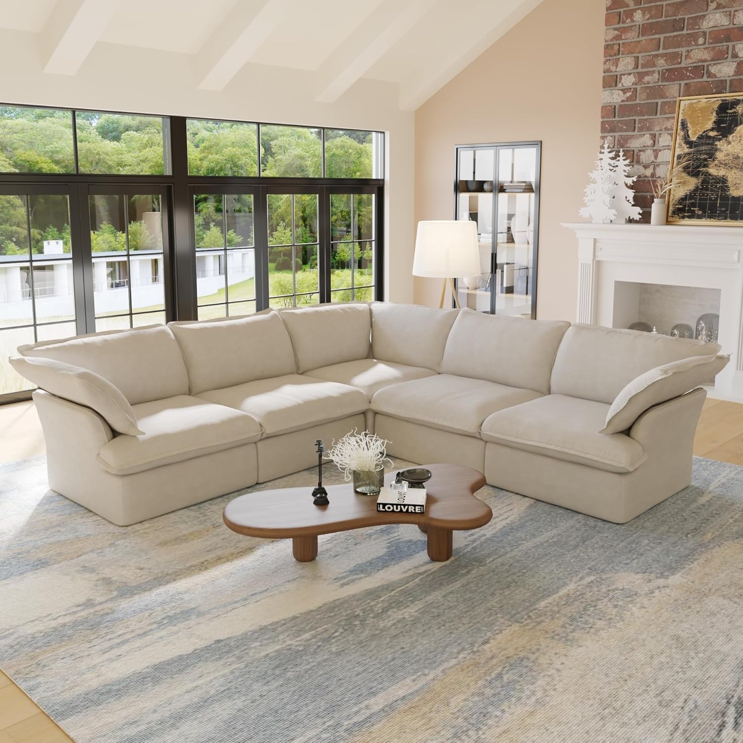 JACH V-Shaped Sectional Couches, Convertible Modular Sofas Couches, Minimalist Deep Seat Sofa, Down Fill Sectional, Sofas Furniture for Living Room, Office, Apartment (Beige)