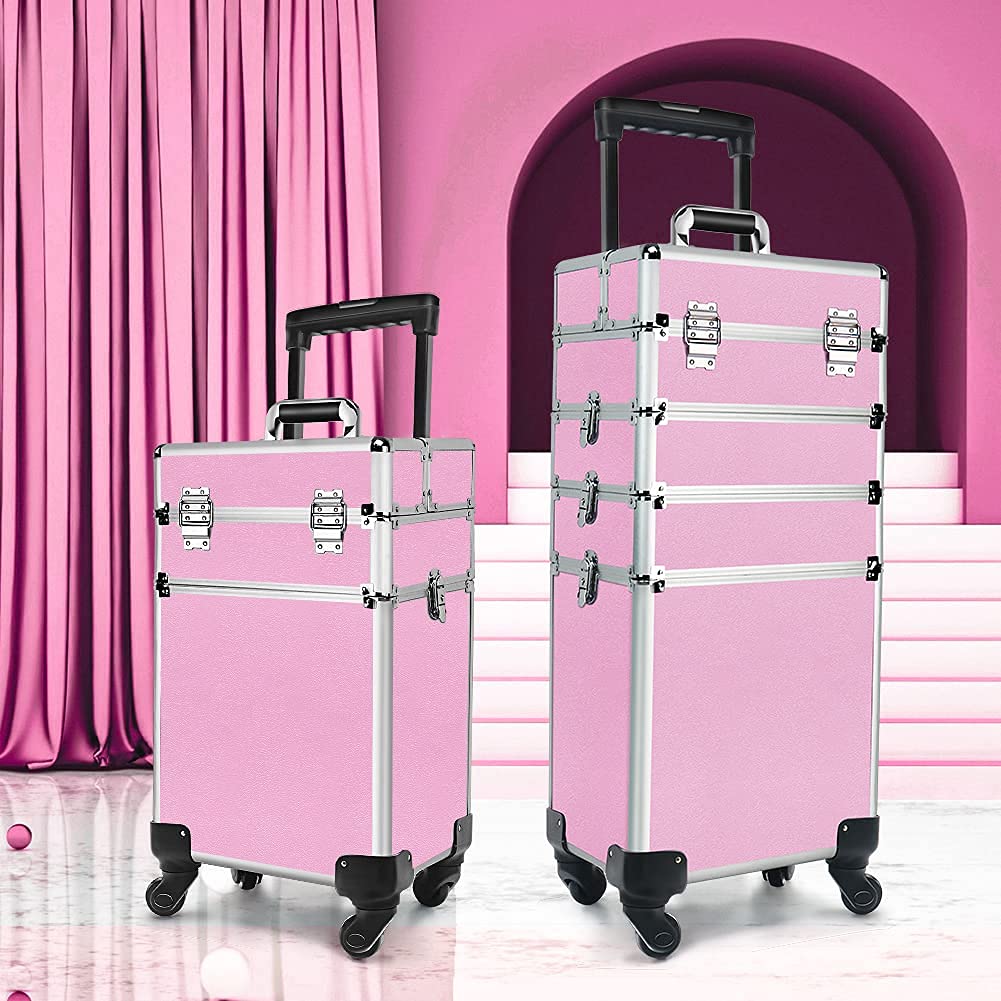 Cosmetic Rolling Makeup Train Case 4 in 1, Make Up Box Travelling Professional, Cosmetology Case on Wheels Pink Black Silver for Cosmetic, Hairstylist, Nail Technician, Tattoo
