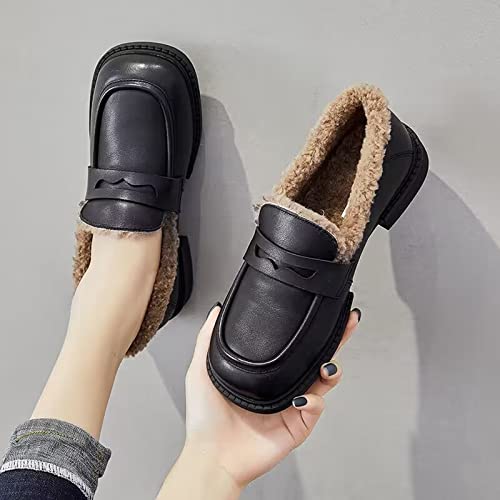 FASDNENDYS Leisure Women's Winter Keep Warm Winter Non Slip Square Heels Round Toe Lazy Casual Shoes Womens Flashback Casual Shoes Black