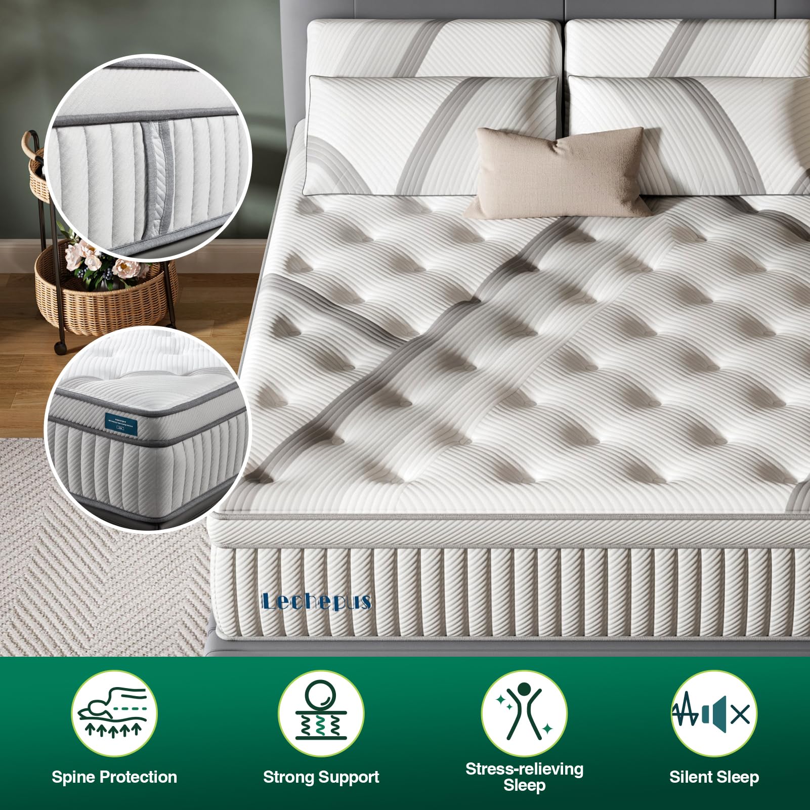Lechepus Twin Mattress,14Inch Memory Foam Hybrid Mattress with 7-Zone Pocket Spring,Twin Size Mattress in Box, Medium Plush Mattress for Back Pain Relief,Motion Isolation,CertiPUR-US