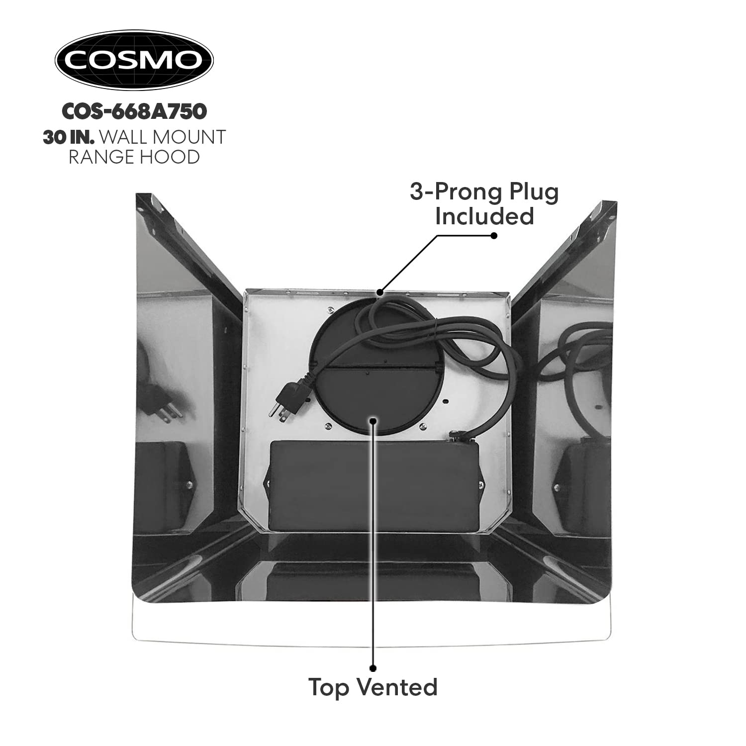 COSMO 668A750 Wall Mount Range Hood 380-CFM with Ducted Glass Chimney Kitchen Stove Vent, LED Light, 3 Speed Exhaust Fan, Permanent Filter, Stainless Steel (30 inch)