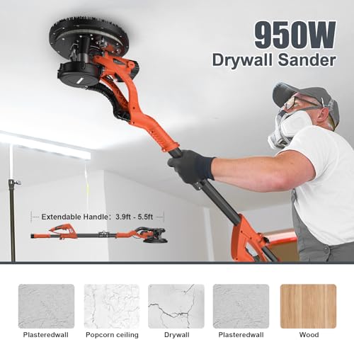 FOINCEF 950W 8-Amp Drywall Sander with Vacuum Attachment, Lijadora para Drywall, 7 Variable Speed with Vacuum Dust Collector, Lightweight Dustless with 360° Light for Ceilng Floor Plastered Popcorn