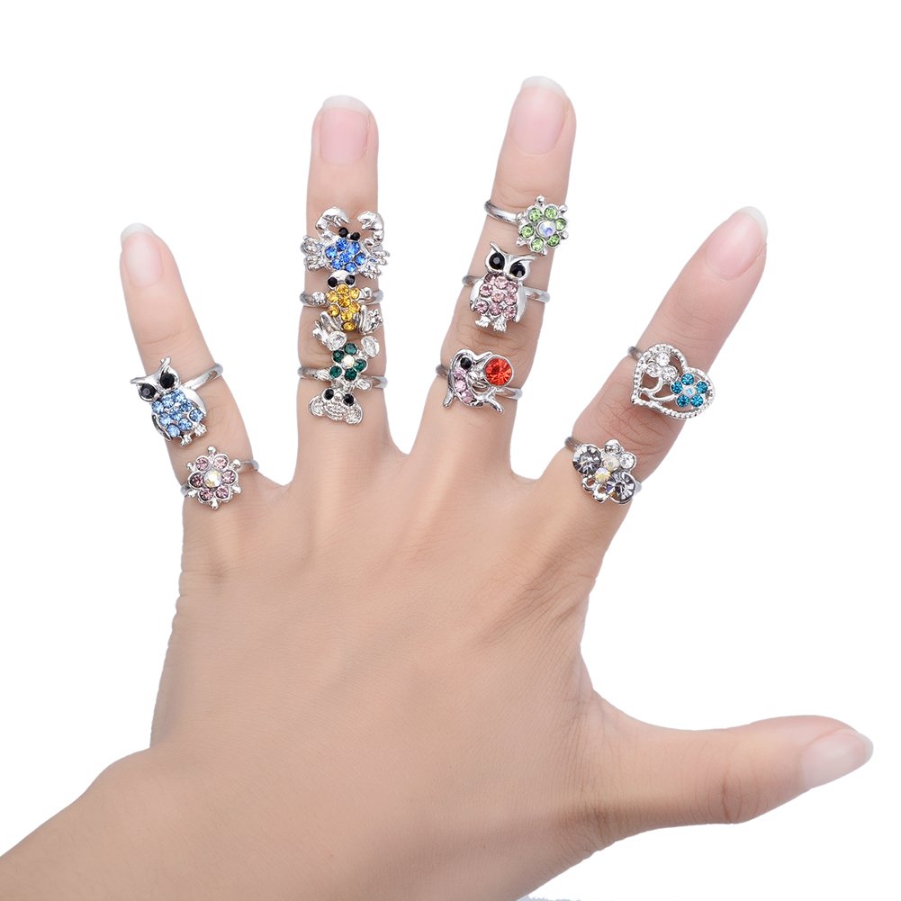 Cren 20pcs Children Kids Girls Crystal Adjustable Rings With Cute Animals