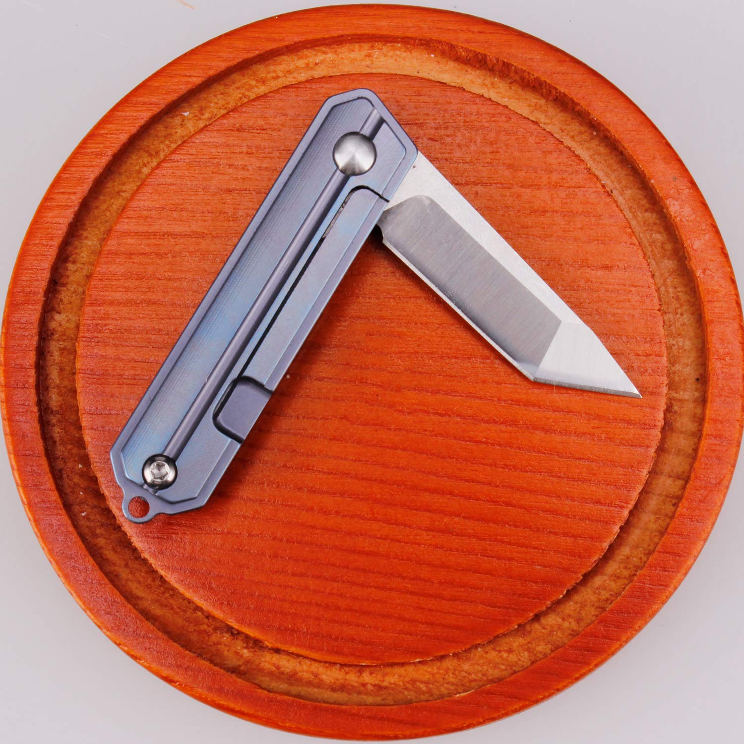 Samior HY003 Mini Samurai Keychain Pocket Folding Knife, 1.45 inches Small Flipper with D2 Tanto Blade, Blue Titanium Handle with Frame Lock Necklace Lanyard EDC Knives