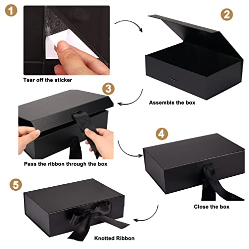 Moretoes 2 PCS Black Gift Boxes with Lids for Presents, Gift Boxes with Ribbon and Magnetic Closure for Christmas, Mother's Day, Holidays, Father's Day, Birthdays(10.5x7.5x3.1 Inches)