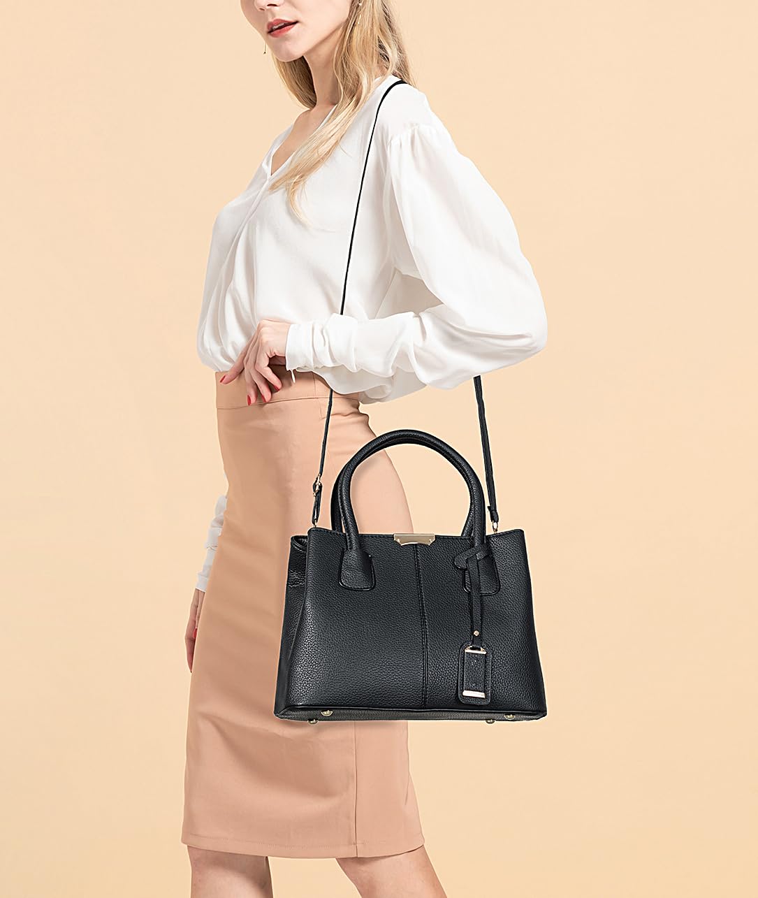 Covelin Women's Top-handle Cross Body Handbag Middle Size Purse Durable Leather Tote Bag Black