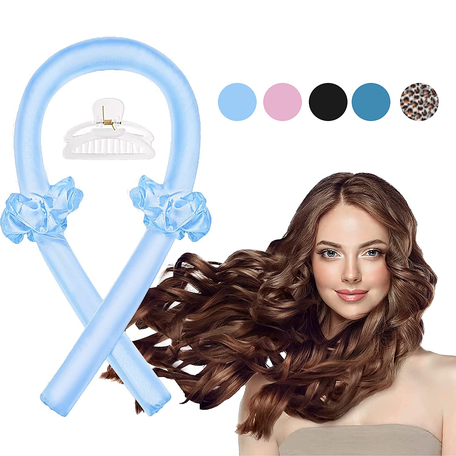 No Heat Curlers, Heatless Curling Rod Headband for Medium and Long Hair, Soft Silk Roller to Sleep In with Hair Clip and Hair Ties for DIY Hair Styling (Blue)