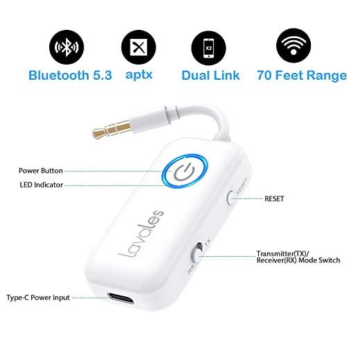 Lavales Wireless Bluetooth 5.3 Audio Transmitter Receiver Adapter for Airplane, Gym/TVs/Gaming Consoles/Car/PC/Home Stereo, 3.5 mm Jack, AptX Adaptive/Low Latency,Dual Paring,Rechargeable,HD Stereo