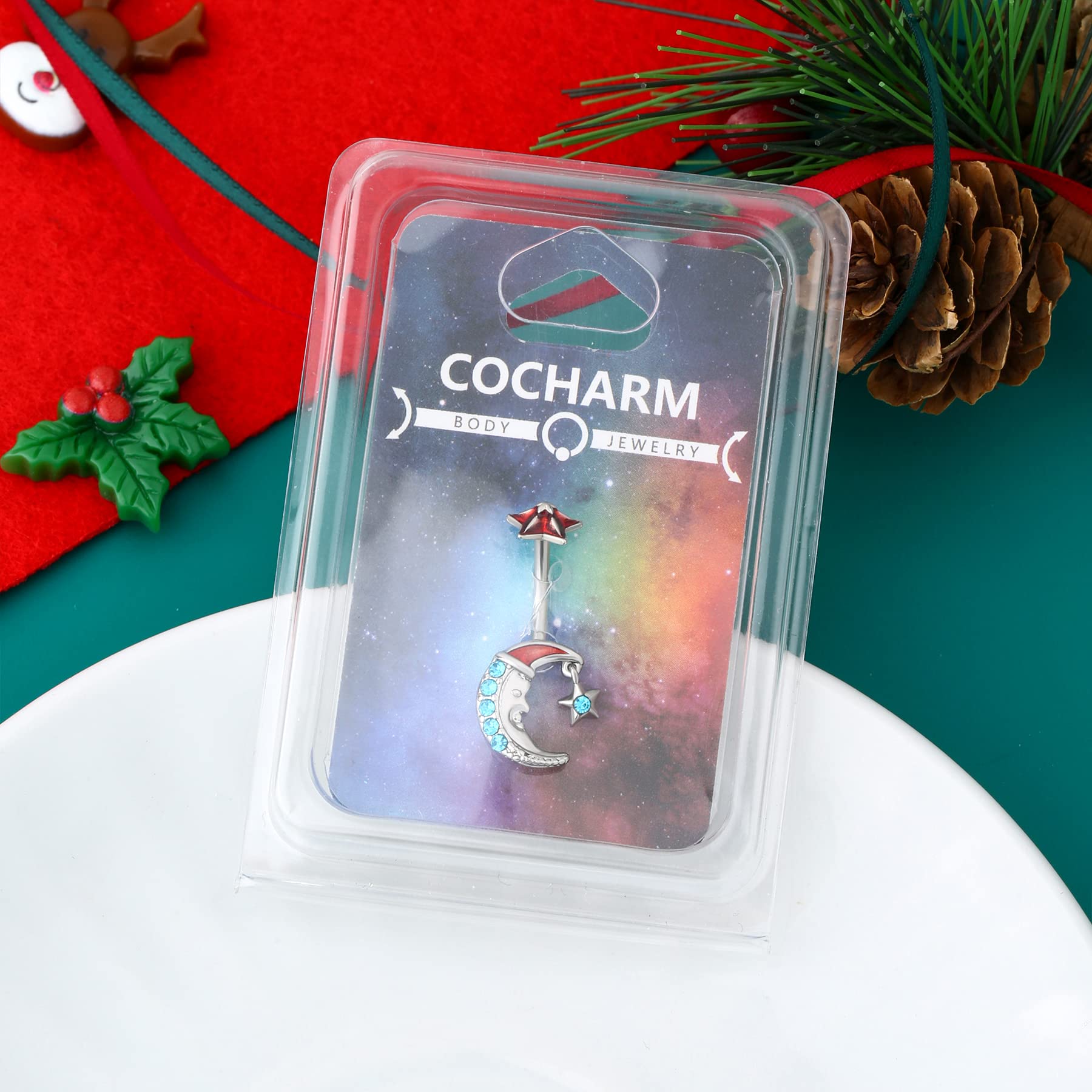 COCHARM 14g Christmas Belly Button Rings Moon Belly Rings for Women Cute Moon Belly Piercing Dainty Witch Navel Piercing Jewelry