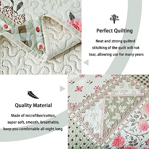 zhuzai 3 Piece Patchwork Quilt Set Full/Queen Size, Green Plaid Floral Bedspread Lightweight Reversible Microfiber Bedding with 2 Shams Shabby Chic Rose Comforter for All Season, 90''x96''