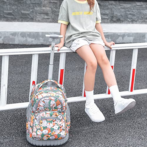 NEW TILAMI 16 Inches Rolling Backpack, Boys&Girls Wheeled Backpack School Travel Student Bag Kids Rolling Backpack, Cat