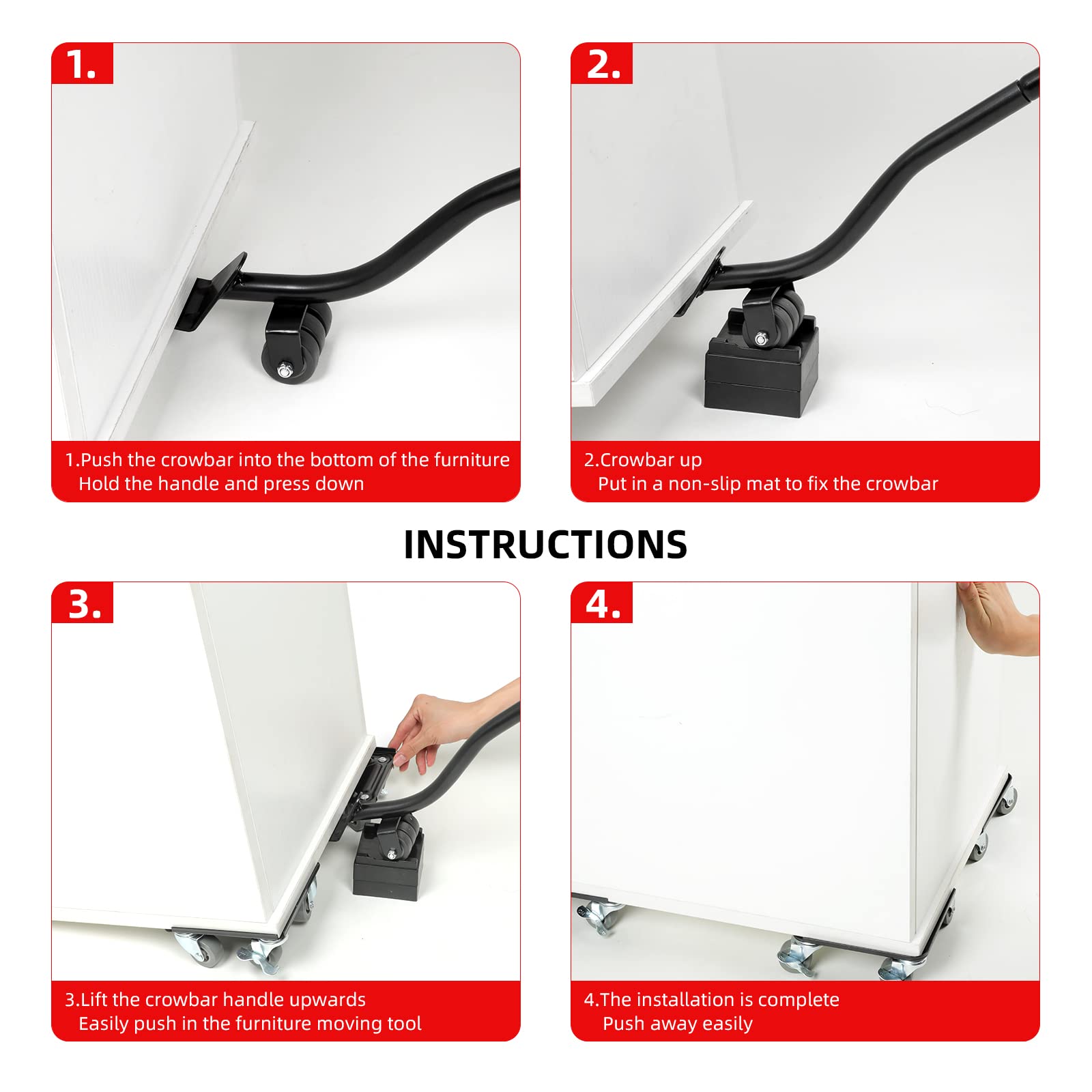 Heavy Duty Furniture Expandable Lifter with 4 Mover Dolly for Easy and Safe Moving Kit, Rubber Wheels 2 Brake 360° Rotatable Appliance Mover Dolly, Max Up for 1320LBS/600KG (Black)