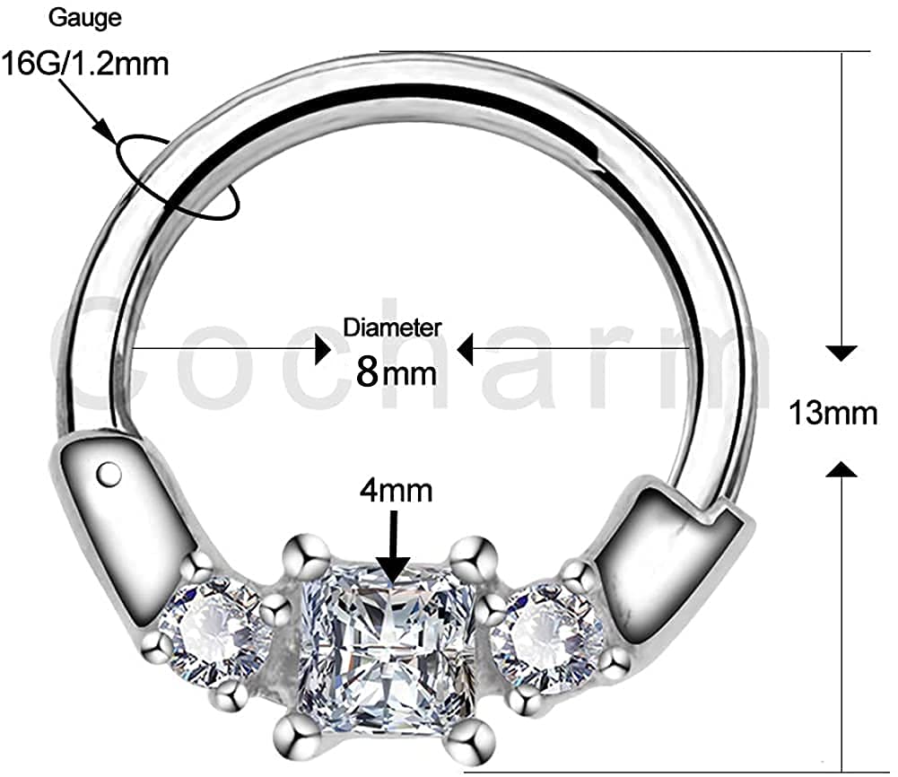 COCHARM 16g Silver 8mm Clicker Septum Rings Clear CZ Diamond Sparkling Daith Earrings Jewelry for Women Men