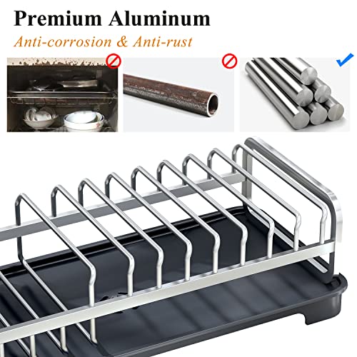 Small Dish Drying Rack, Aluminum Dish Rack with Utensil Holder, Anti-rust Dish Racks for Kitchen Counter Multifunctional Dish Drainer with Drainboard, Drying Rack for Dishes, Knives, Spoons, and Forks