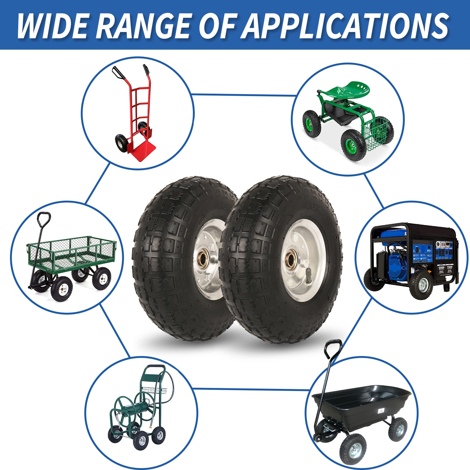 GICOOL 4.10/3.50-4" Tire and Wheel, 10" Pneumatic Tire, with 2.25" Offset Hub, 5/8" Axle Bore Hole, Sealed Bearings, for Hand Truck Trolley Dolly Garden Wagon Cart Wheel Replacement, 2 Pack