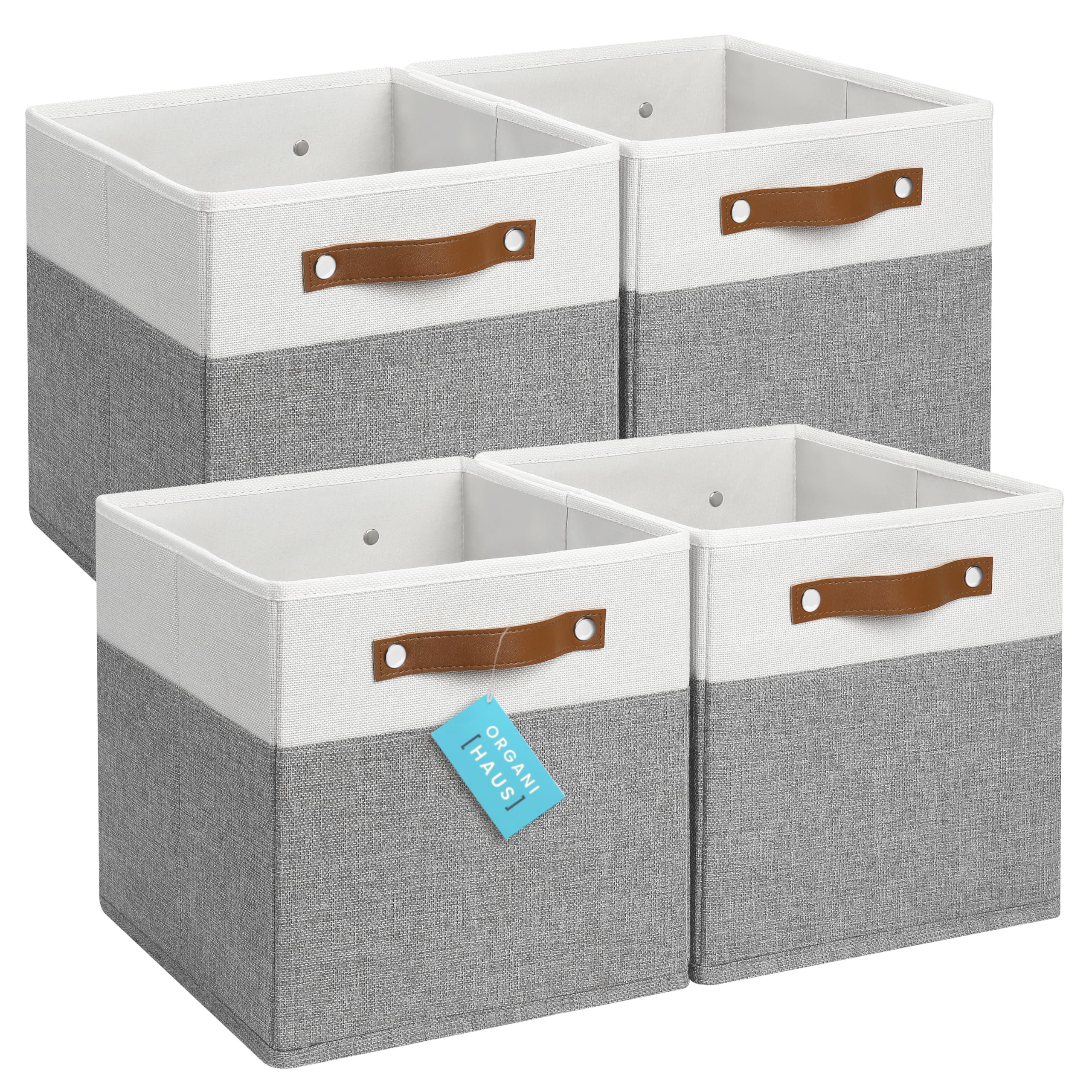 OrganiHaus 11 Inch Cube Storage Bin set of 4, Fabric Storage Bins, Cube Storage Organizer Bins, Cubby Bins w/ Vegan Handles, Kallax Organizer Storage Cube Basket, Square Storage Cubes - Grey/White