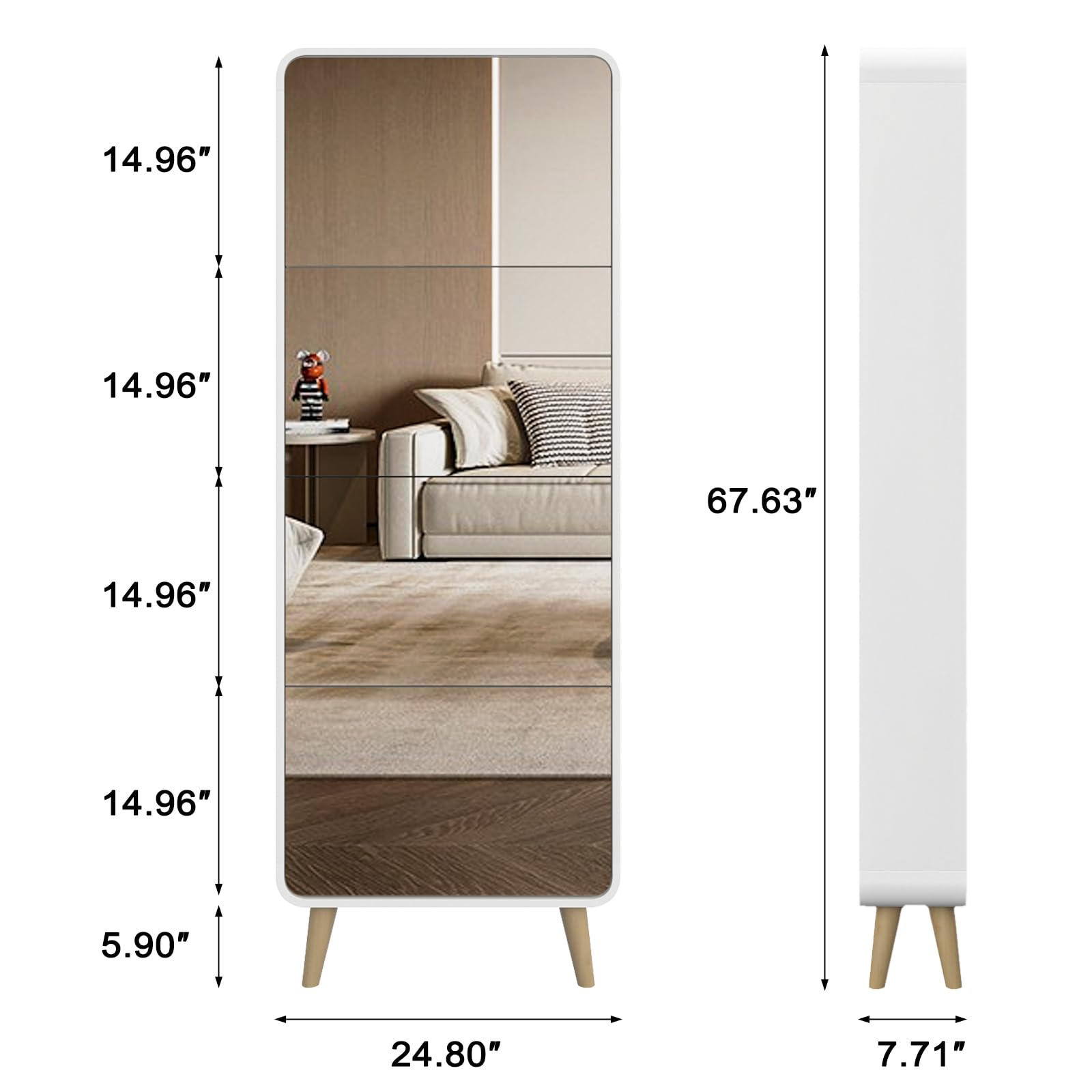 Organizedlife Mirror Shoe Cabinet with 4 Flip Drawers, Wooden Shoe Organizer with Solid Wood Legs, Full Length Mirror Shoe Rack, Narrow Shoe Storage Cabinet for Entryway