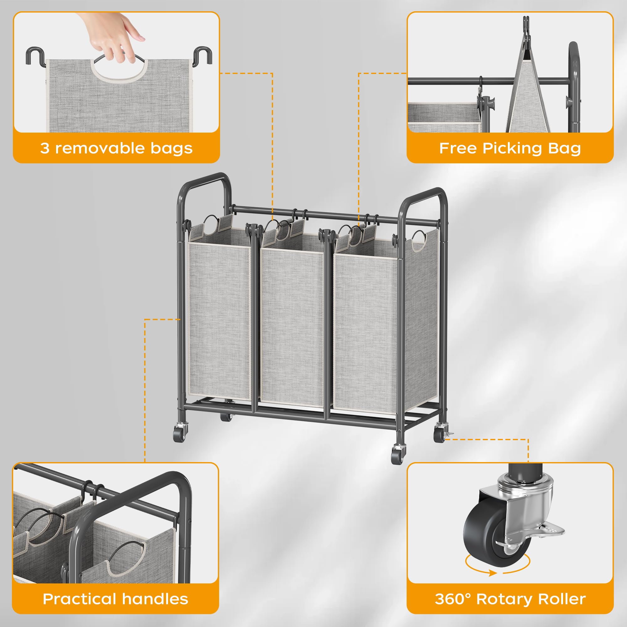 HOMEIJU 3-Bag Laundry Sorter, Laundry Hamper Cart with Heavy Duty Rolling Lockable Wheels and Removable Bags, Laundry Organizer Basket Clothes Separator Hamper, Grey, Large, KJ3009