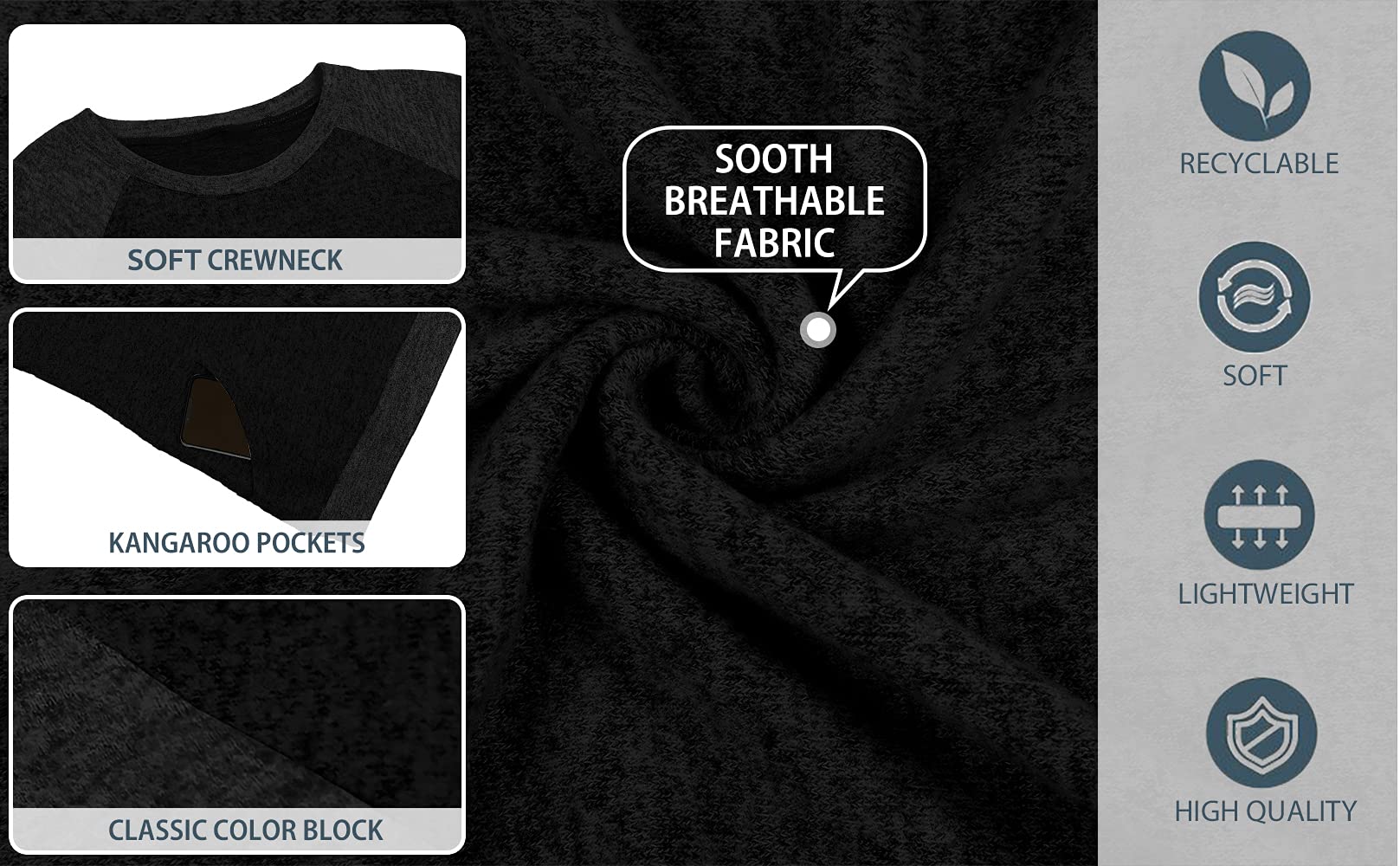 Crewneck Sweatshirt Women, Oversized Long Sleeve Tunic Tops with Pockets Black S