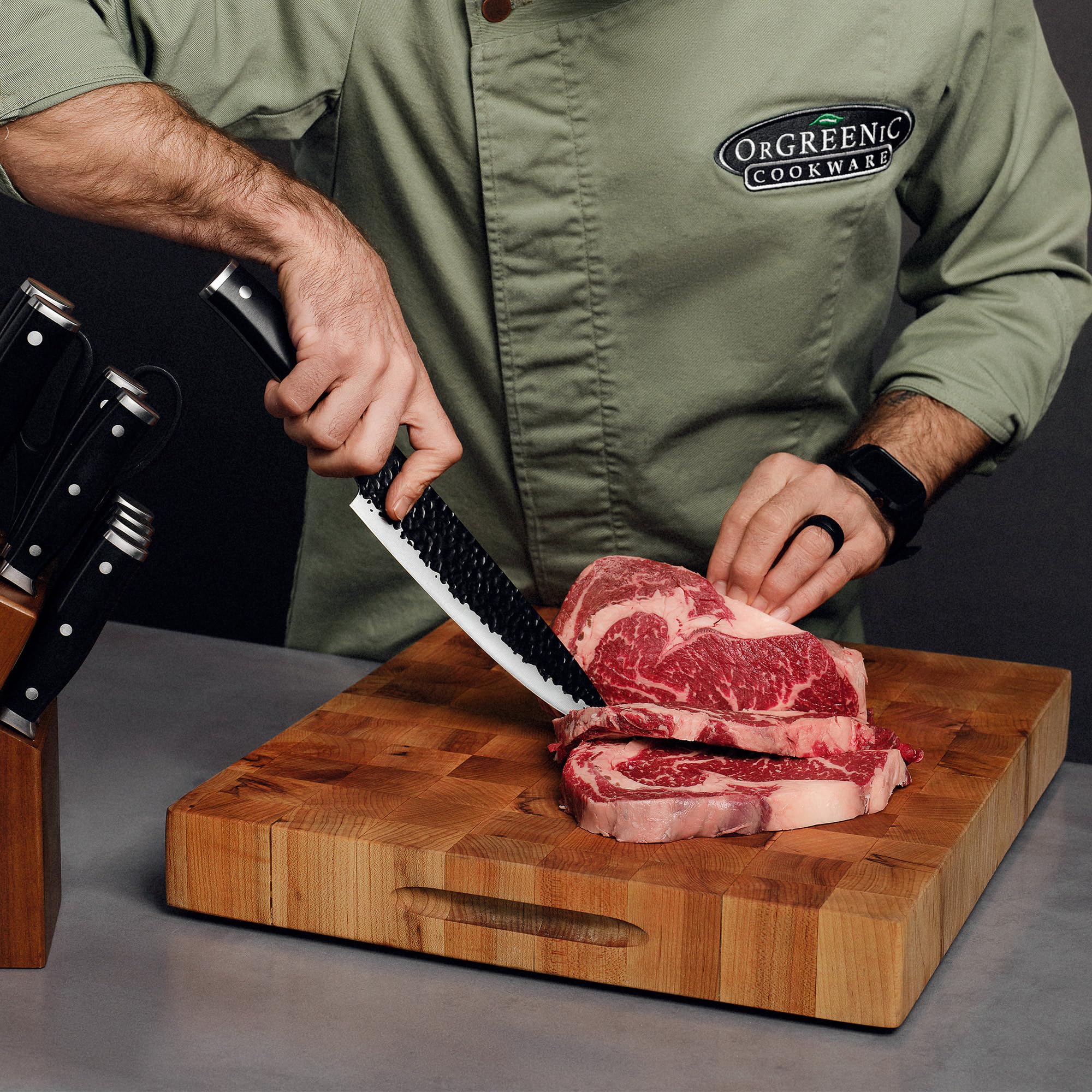 OrGREENiC Hammered High Carbon Steel Knife Set - Non-Stick Tsuchimi Blade Texture, Ergonomic Handle, Professional Sharpness for Precision Cutting - Includes Chef, Bread, Utility, and Steak Knives
